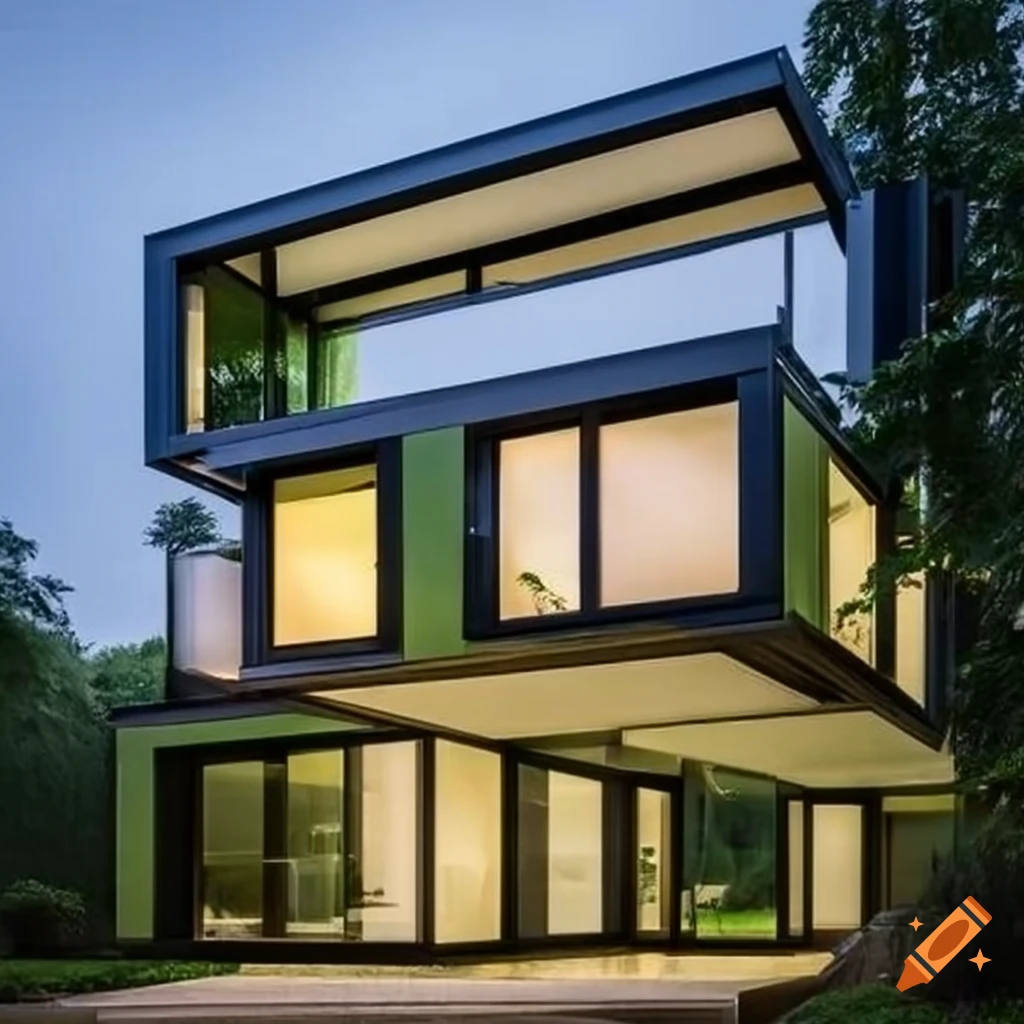 Modern cubic villa with green exterior walls and large windows on Craiyon