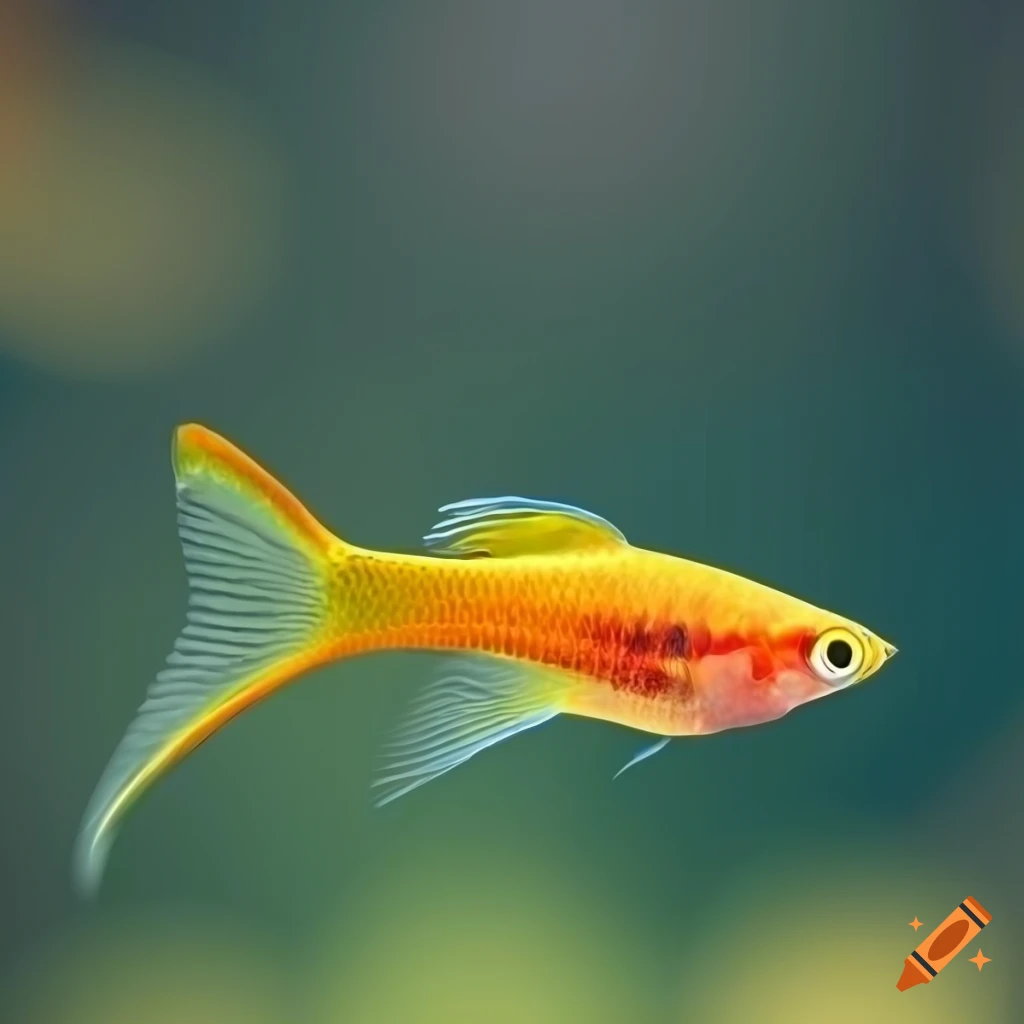 Vibrant yellow lyretail swordtail fish in a serene aquarium on Craiyon