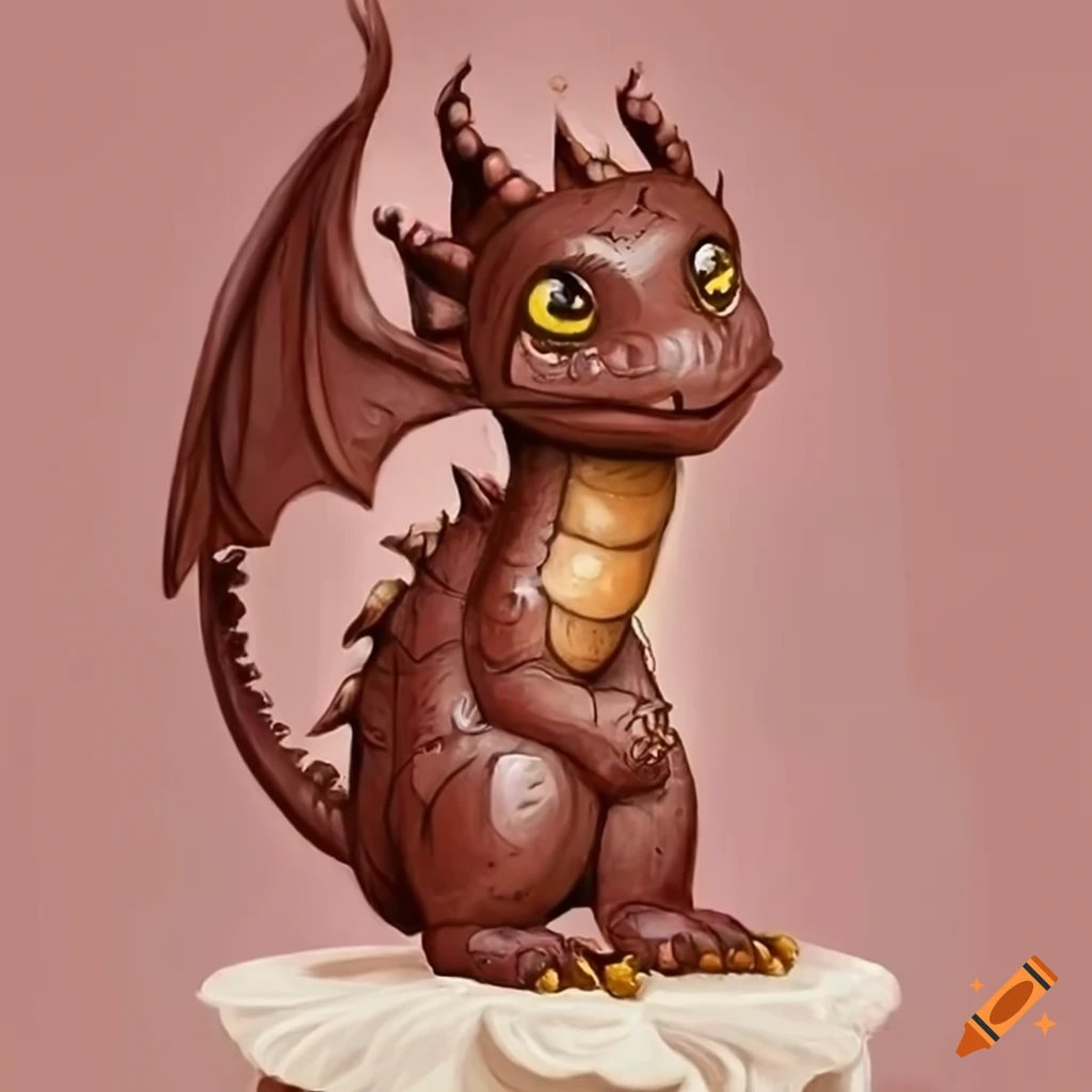 Whimsical artwork of a baby chocolate dragon on a sweet pedestal on Craiyon