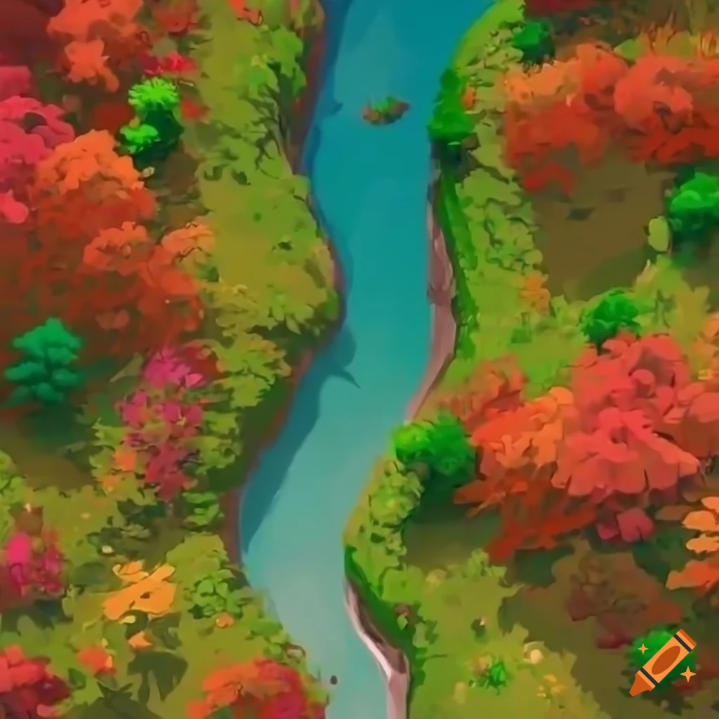 Pathway among green trees and colorful flowers near a shiny blue river ...