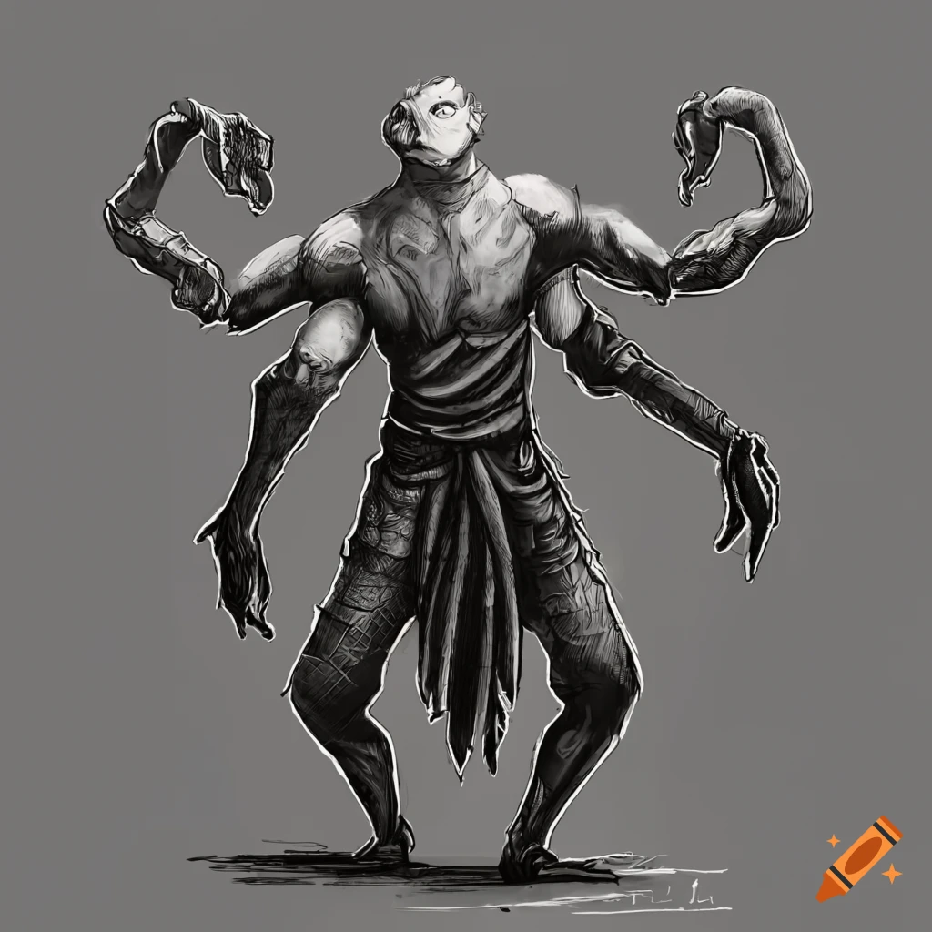 Insect humanoid monk character with four arms in a d&d setting on Craiyon