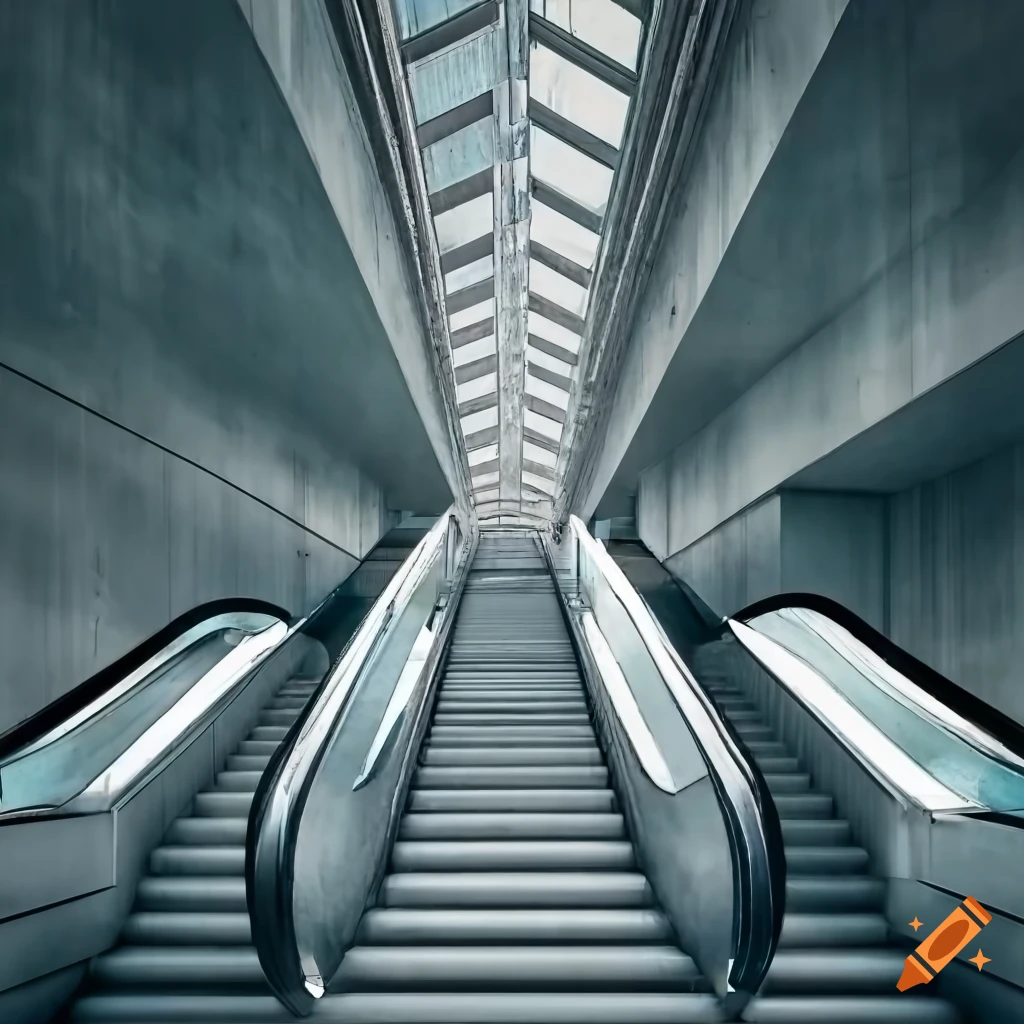 Interior of a modern steel and concrete building with escalators on Craiyon