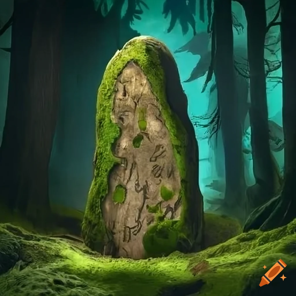 Moss-covered stone with elegant inscription in a forest clearing on Craiyon