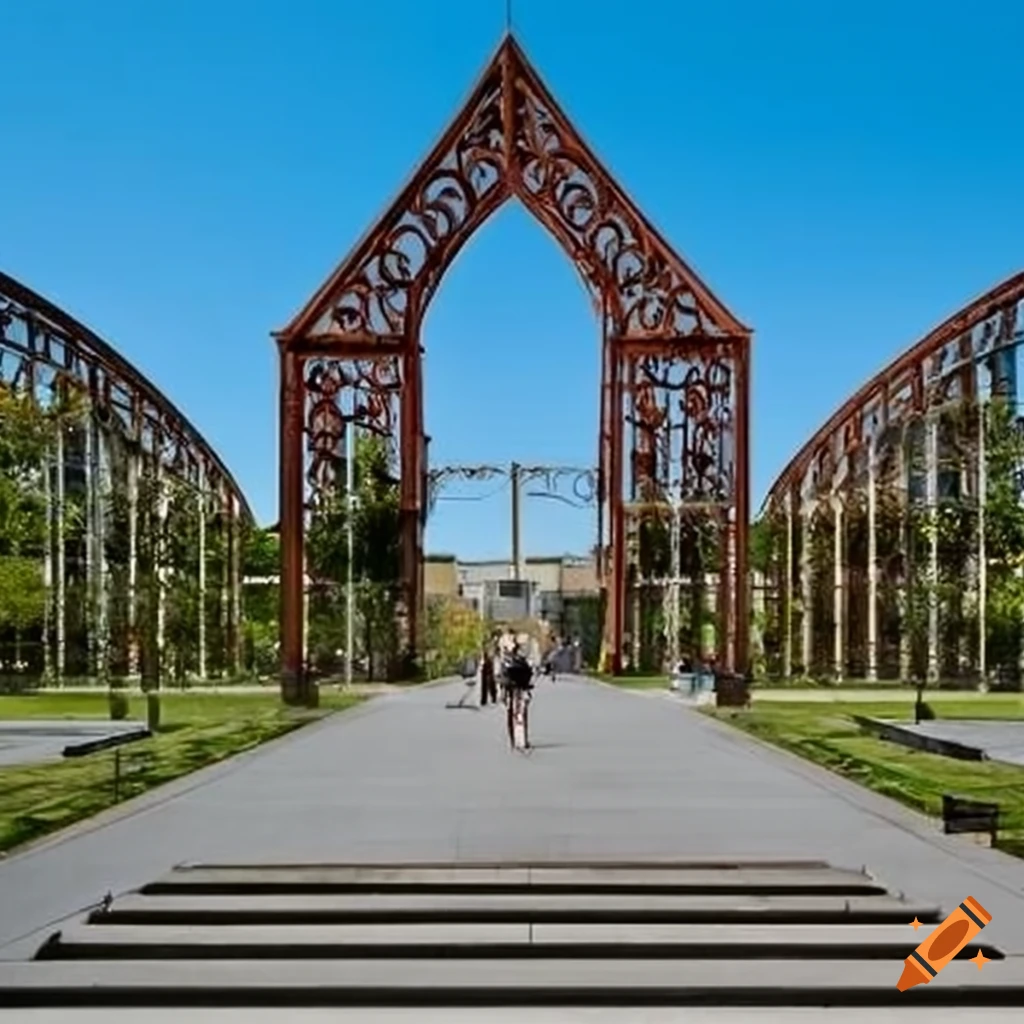 Large triangular plaza with monumental iron trellis on Craiyon