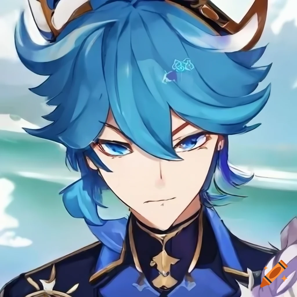 Blue-eyed and blue-haired male Genshin Impact character in captain ...