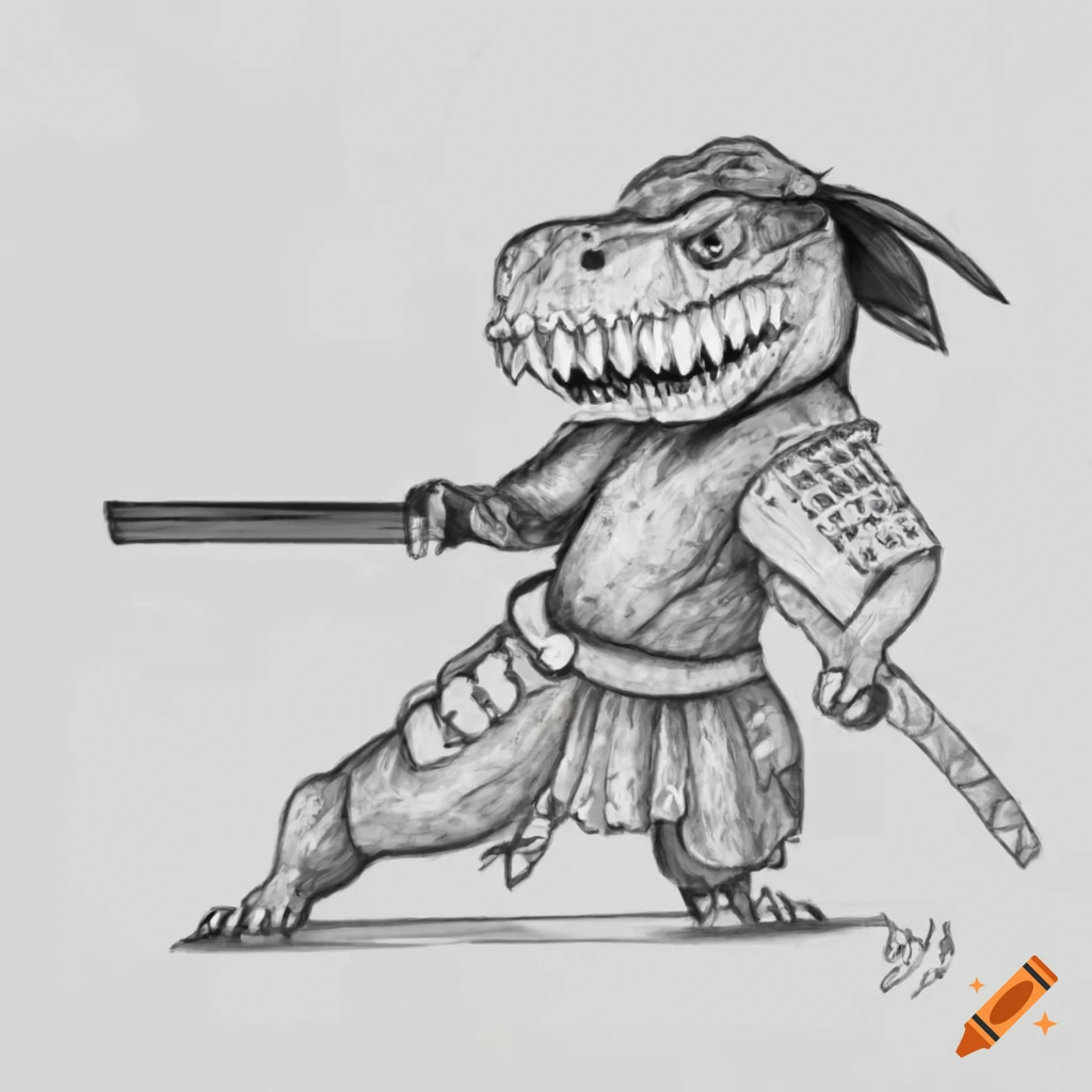 Anthropomorphized T-Rex samurai with bloody katana in a Japanese garden ...