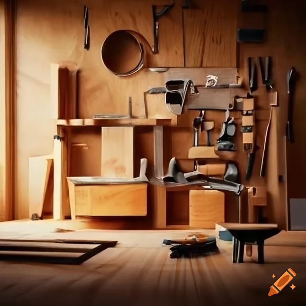 Organized woodworking studio with powerful tools and wooden pieces on ...