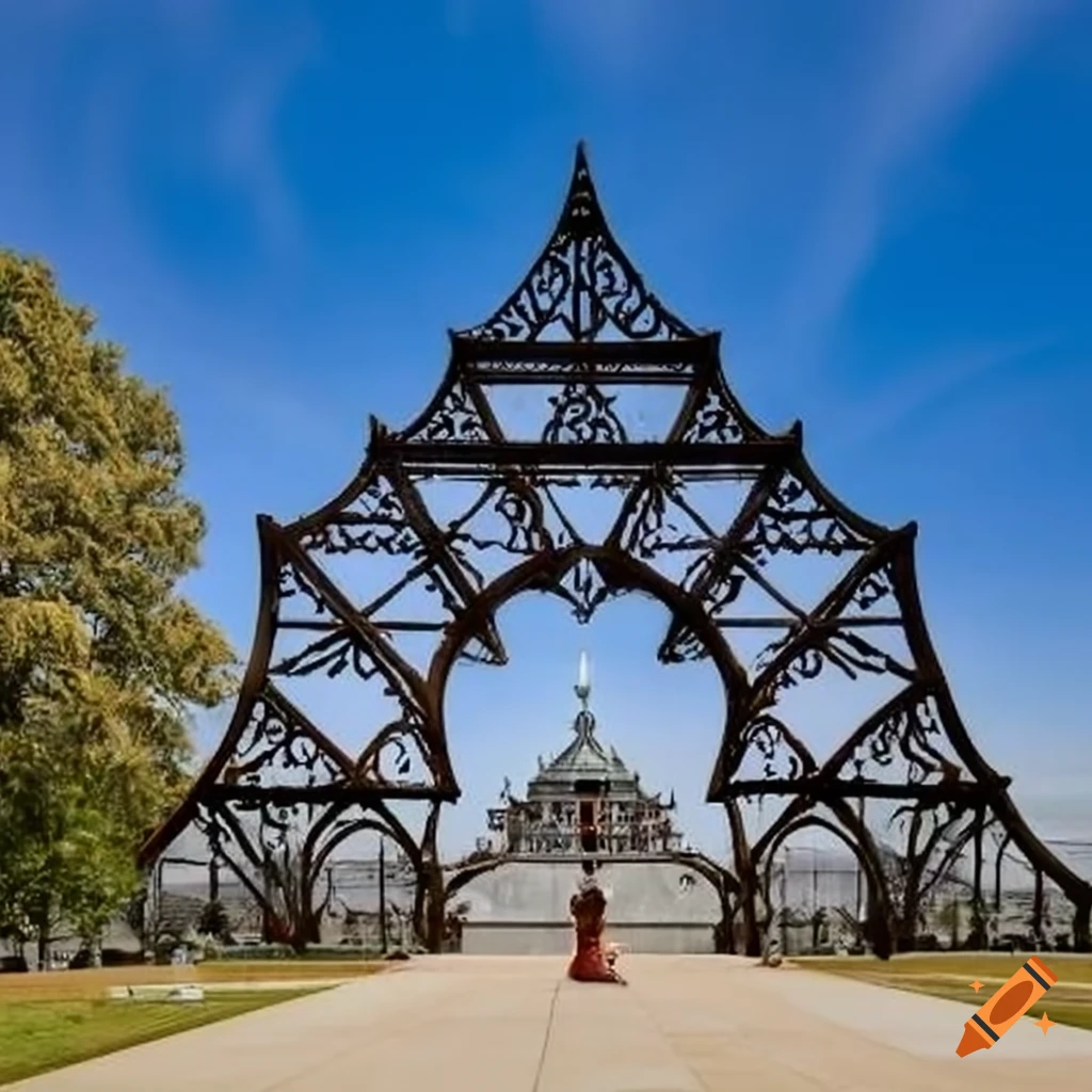 Large triangular plaza with monumental iron trellis on Craiyon
