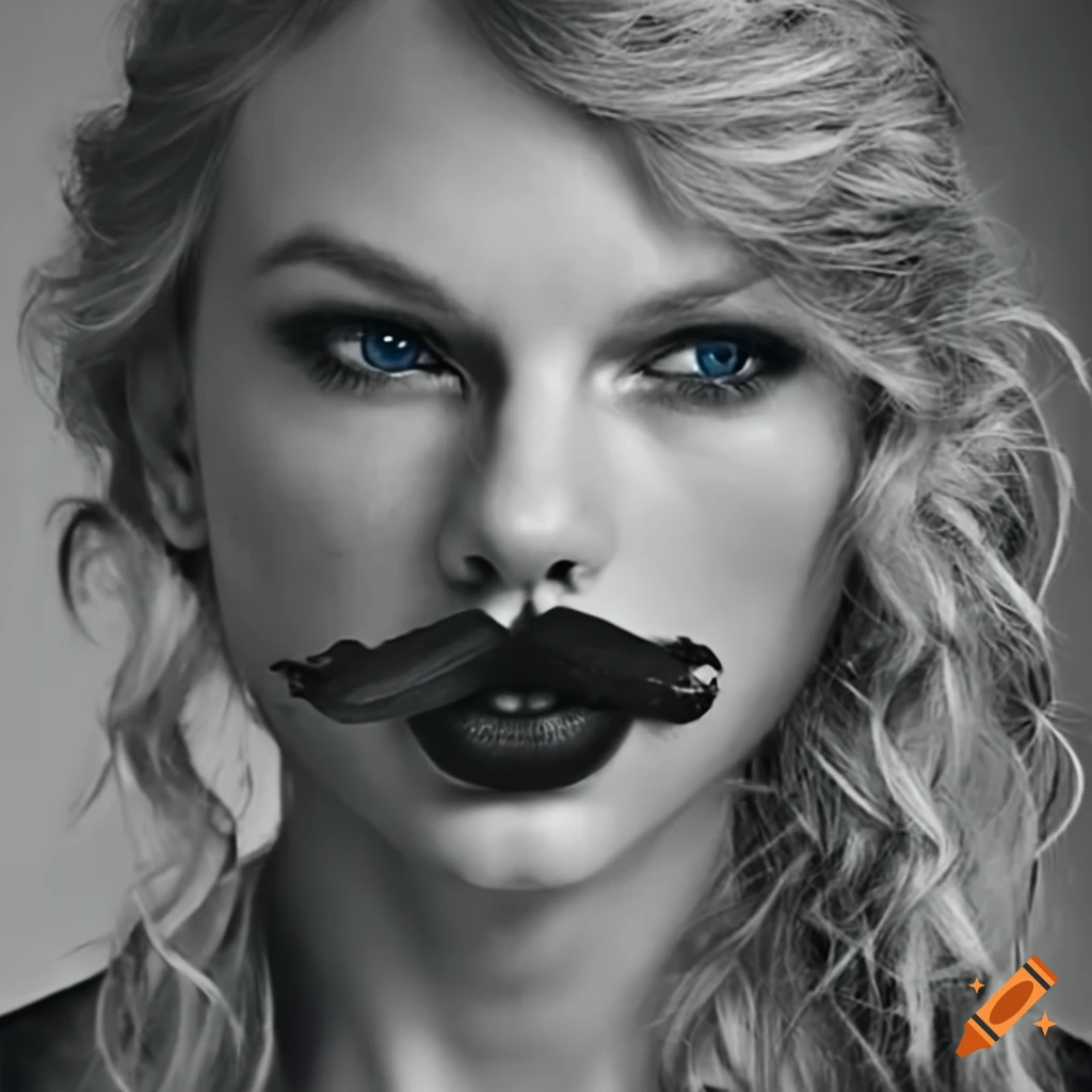 Artistic black and white edit of taylor swift with handlebar mustache on Craiyon