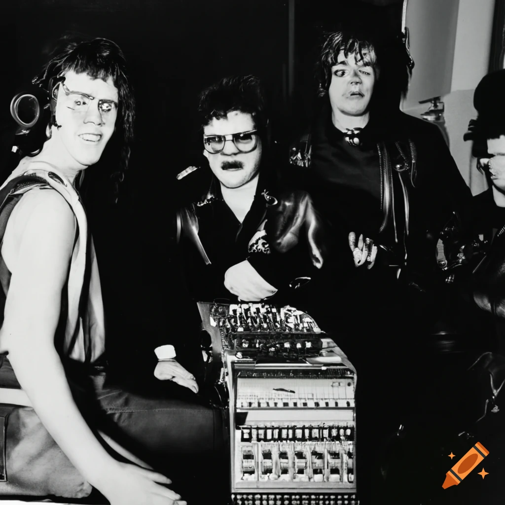 1980 electrofunk band recording in studio with leather jacket singer on ...
