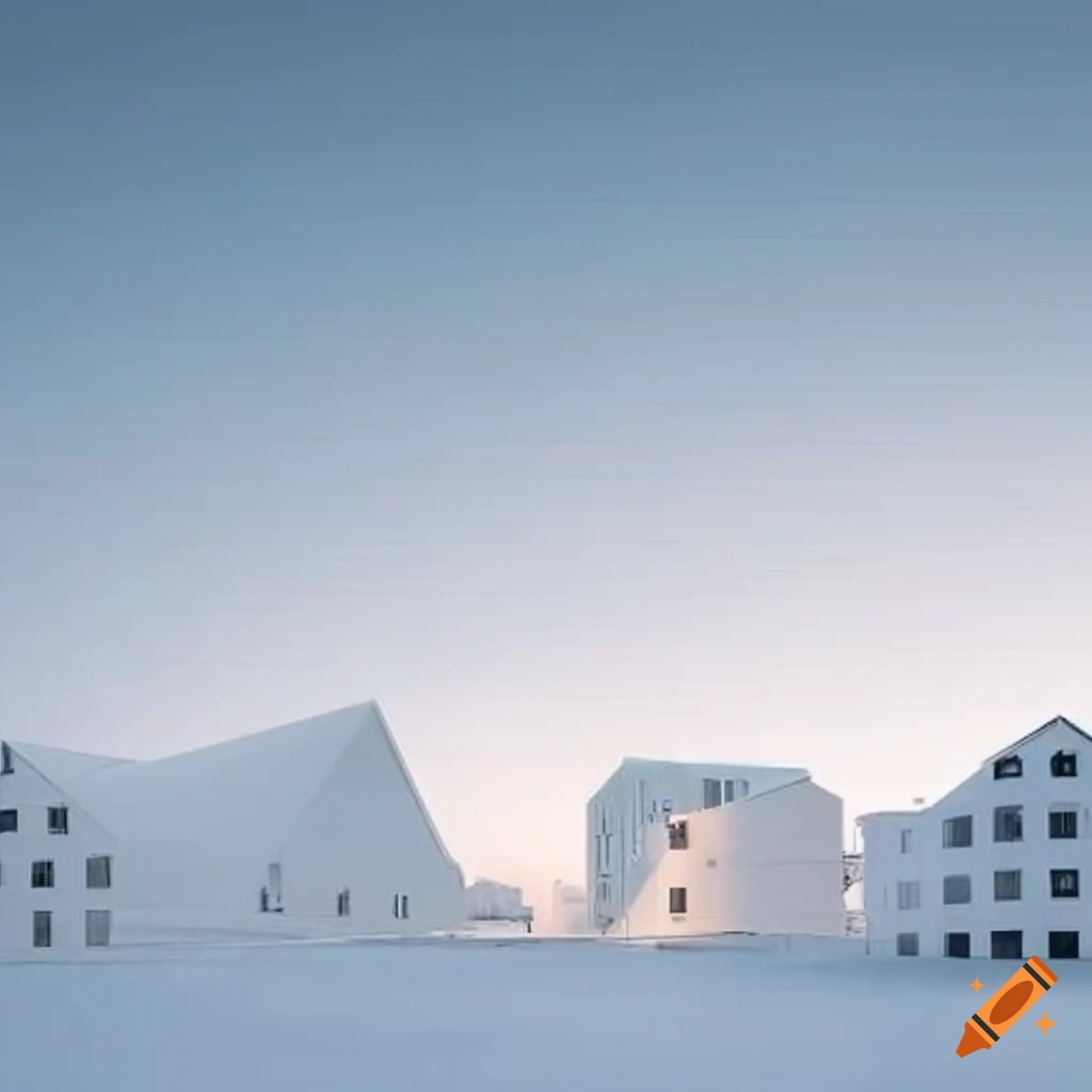Set of white modular buildings with shared roofing on Craiyon