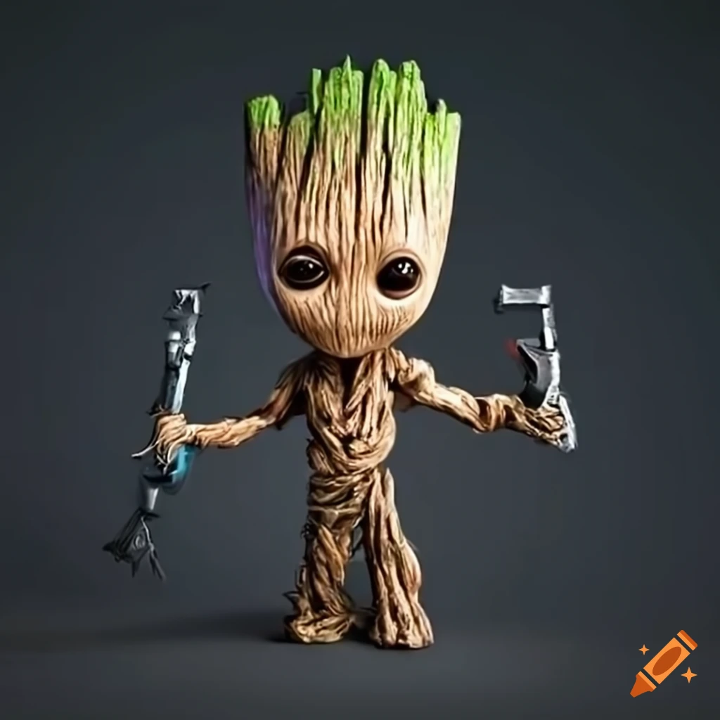 Cute baby groot with weapons in hands on Craiyon