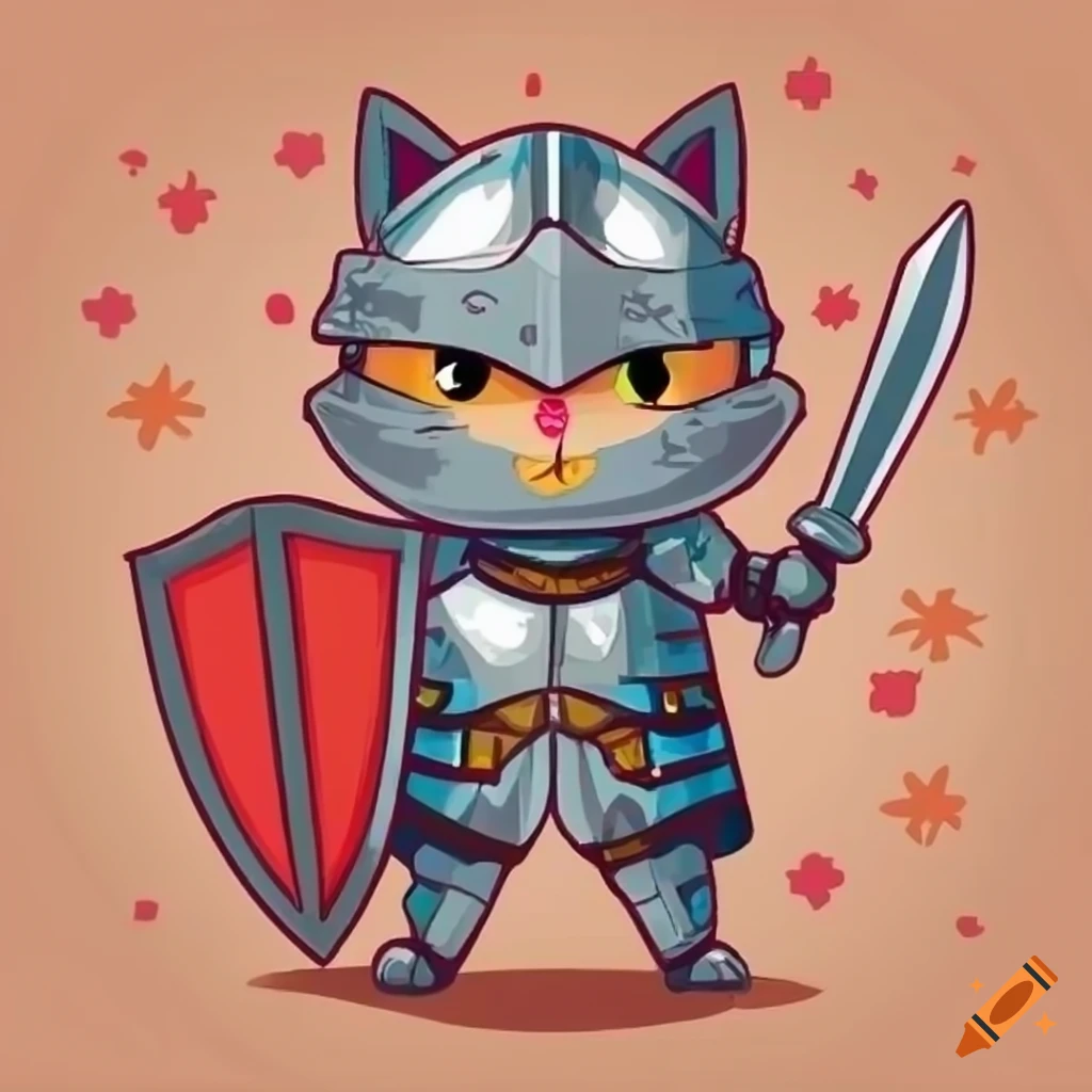 Chibi-style cat knight with elaborate armor, sword, and shield on Craiyon