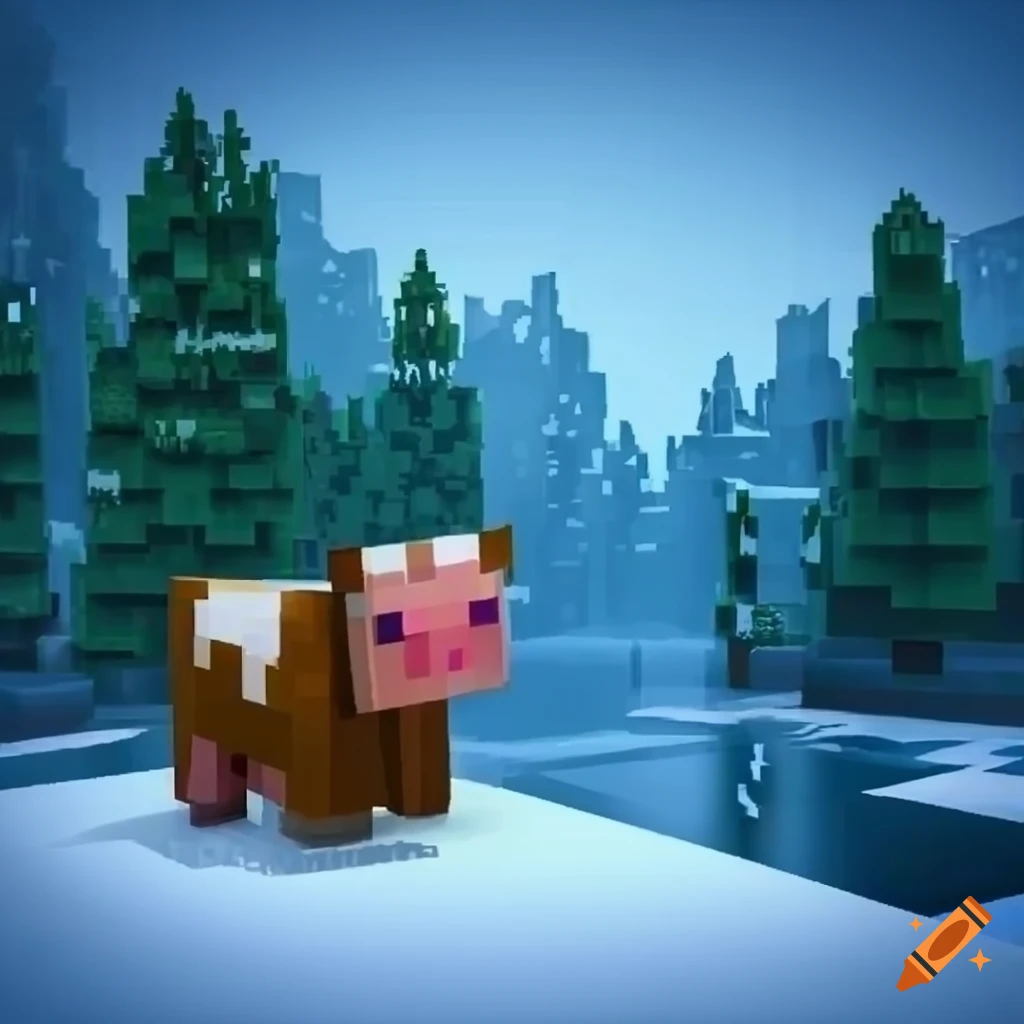 Minecraft snowy environment with trees, cows, and pigs on Craiyon