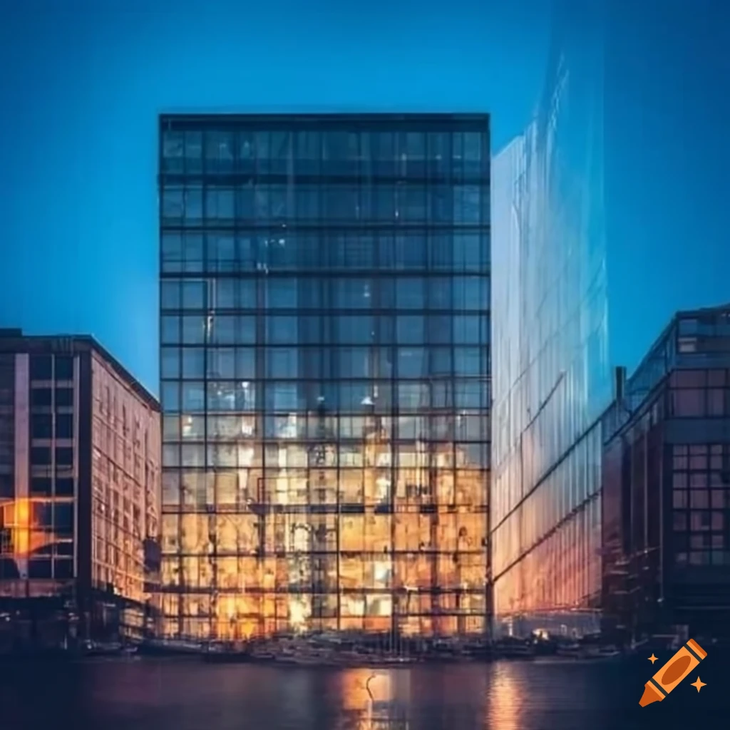 Modern building with intersecting cubic glass structures on Craiyon