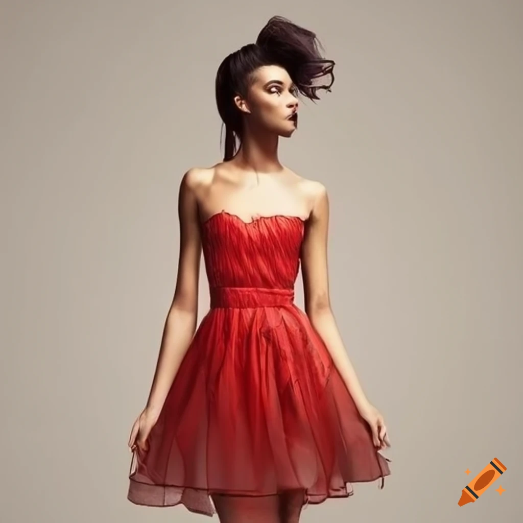 Red and green dress with a sheer translucent skirt and seed print on ...