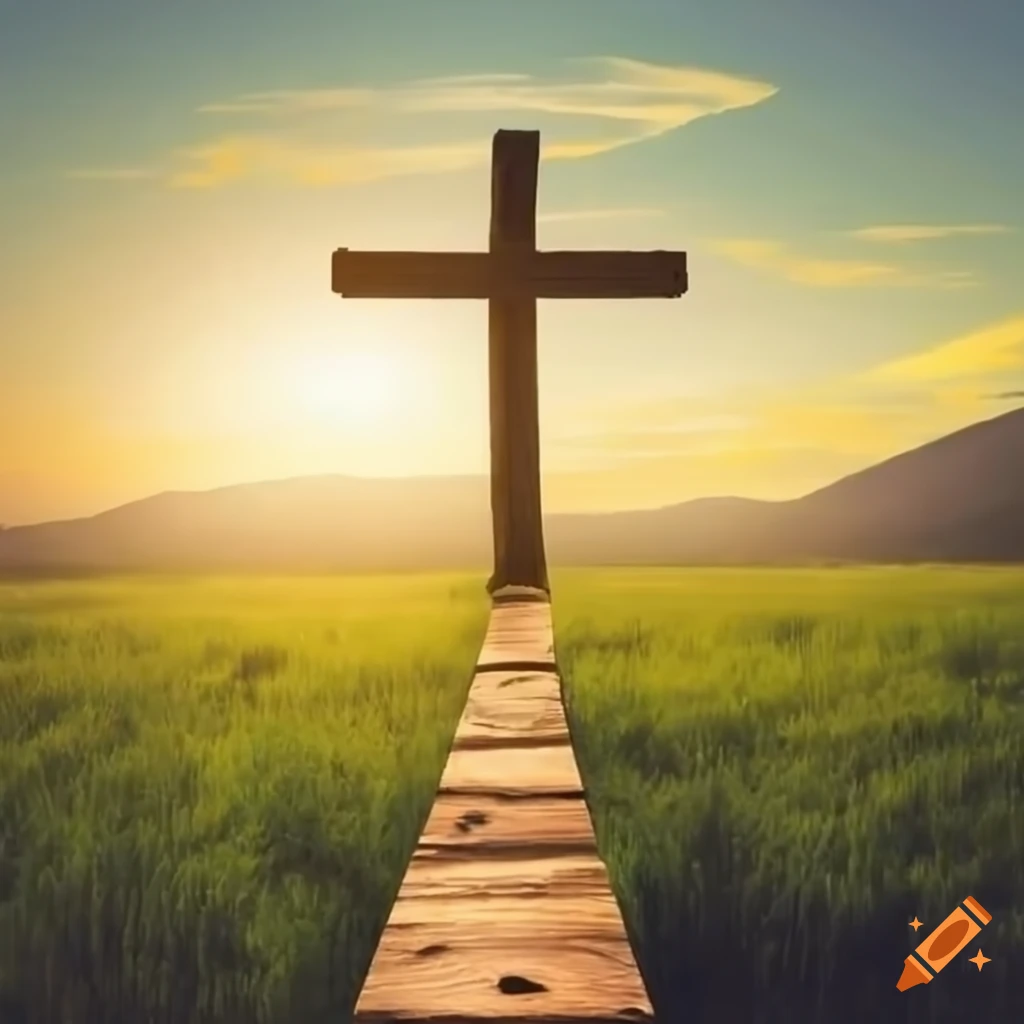 Rugged wooden cross on a peaceful landscape with sunset on Craiyon