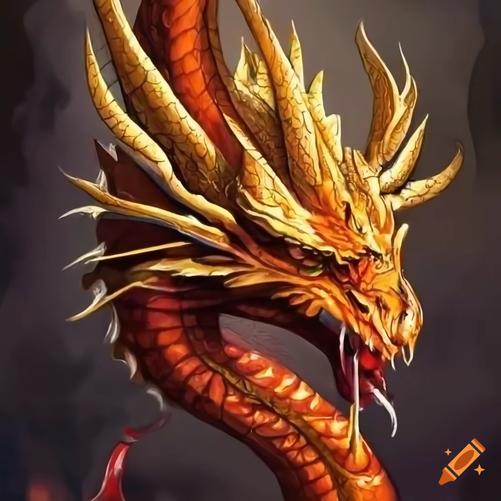 Powerful orange and gold dragon on a branch with smoking nostrils on ...