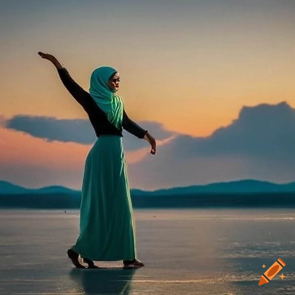 Muslim women teaching dance in a scenic landscape on Craiyon