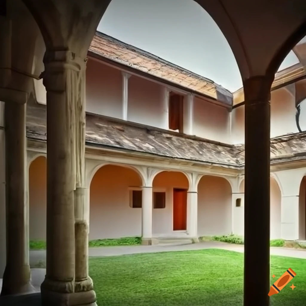 Inner courtyard of a two-story medieval house on Craiyon