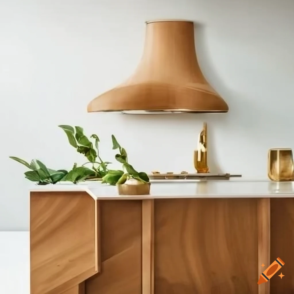 Creative white kitchen interior with organic shapes, acacia wood and ...