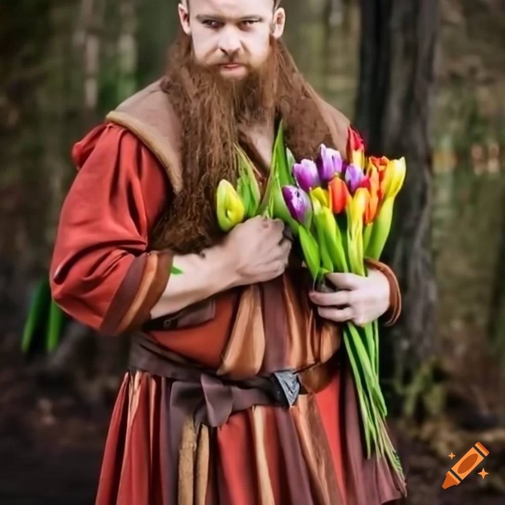 Viking in modern attire holding a bouquet of tulips on Craiyon