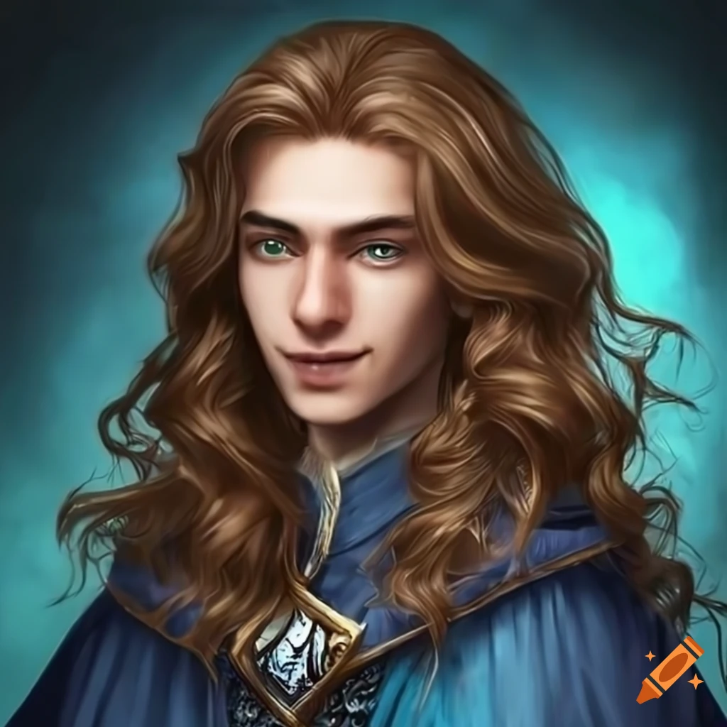 Smiling fantasy wizard with long wavy hair casting a spell in a blue ...