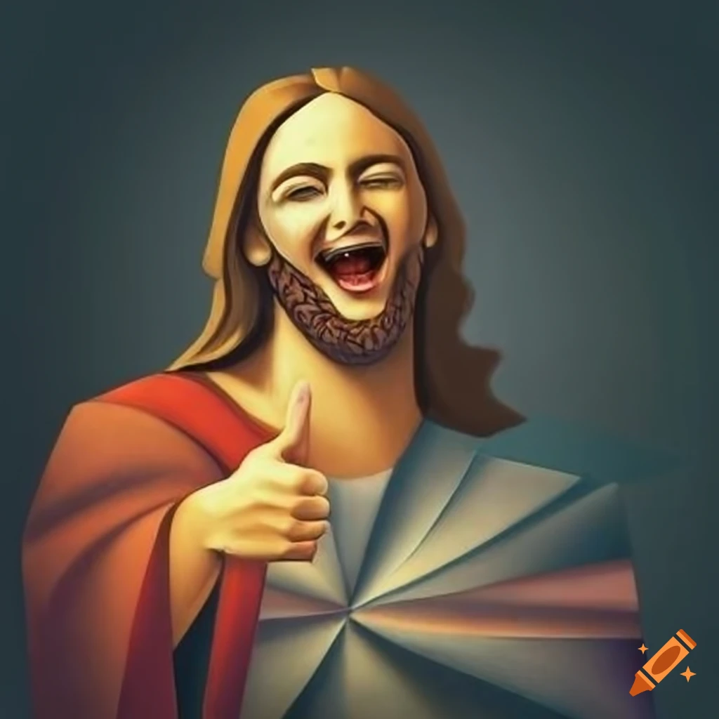 Cubism depiction of jesus laughing with thumbs up and pointing on Craiyon
