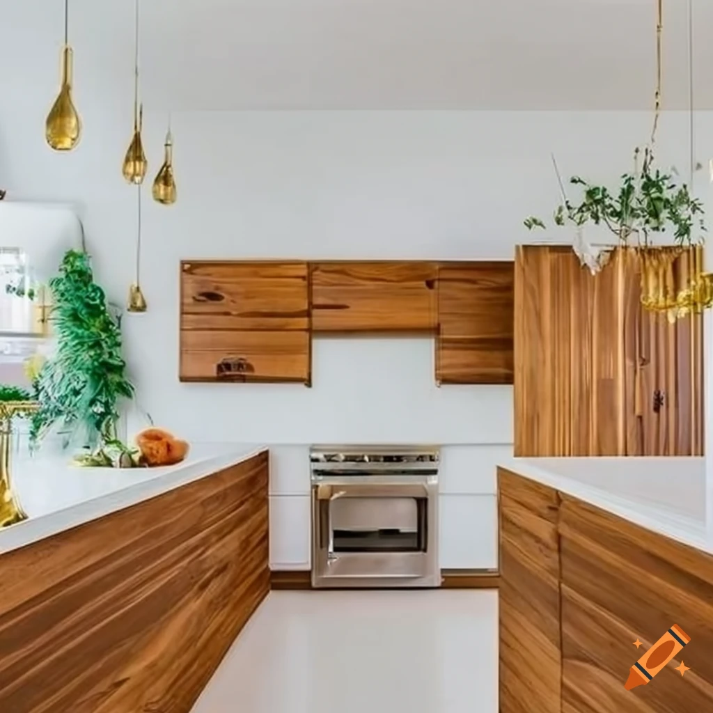 Creative white kitchen interior with organic shapes, acacia wood and ...