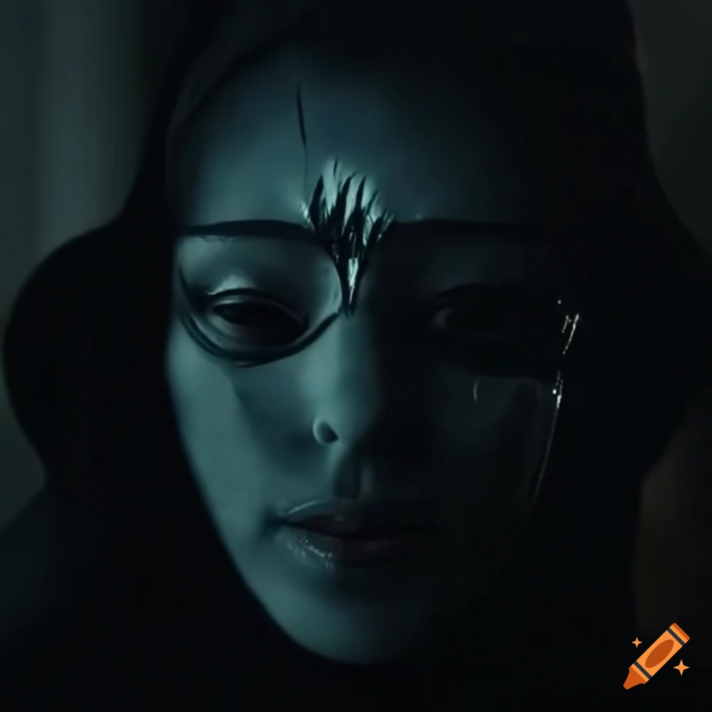 Mirrored masks in a dramatic movie scene with dreamy cinematography on ...