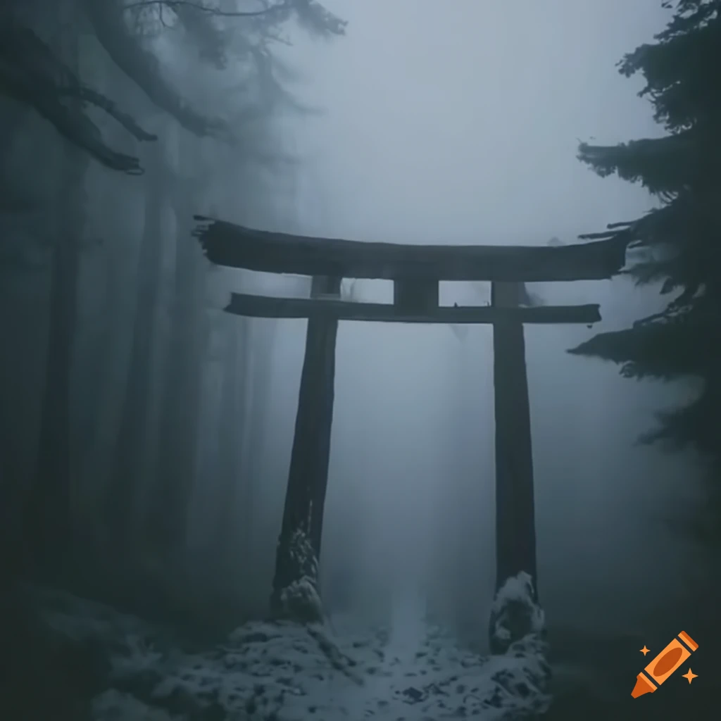 Eerie scene of mystical torii gate in foggy forest with snow-capped ...