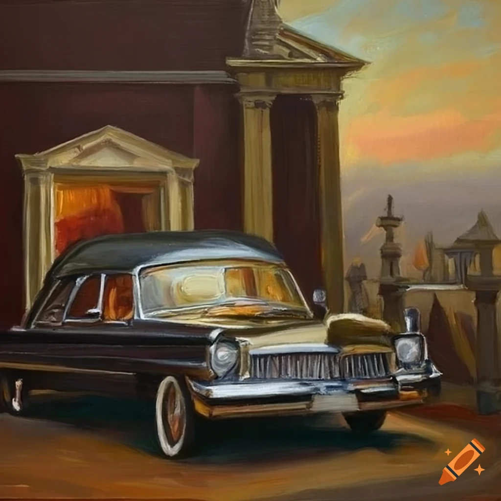 Oil painting of a hearse on Craiyon