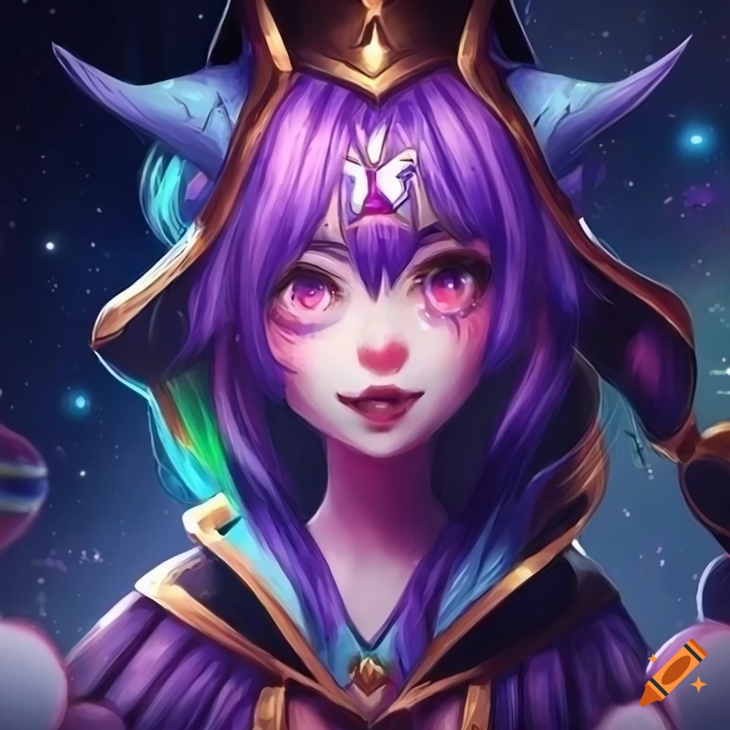 Closeup portrait of Lulu from League of Legends with dreamy eyes and cosmic elements on Craiyon