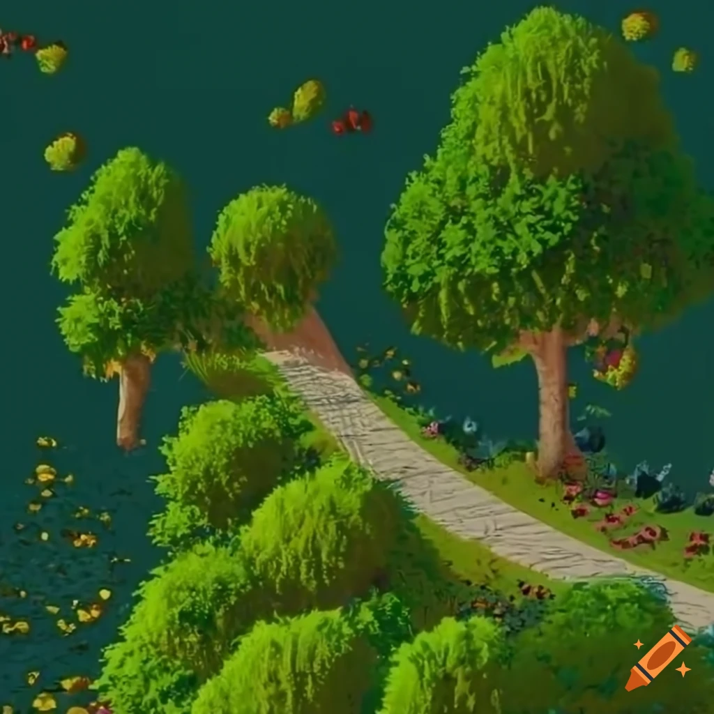 Path through green trees and colorful flowers by a blue river and green ...