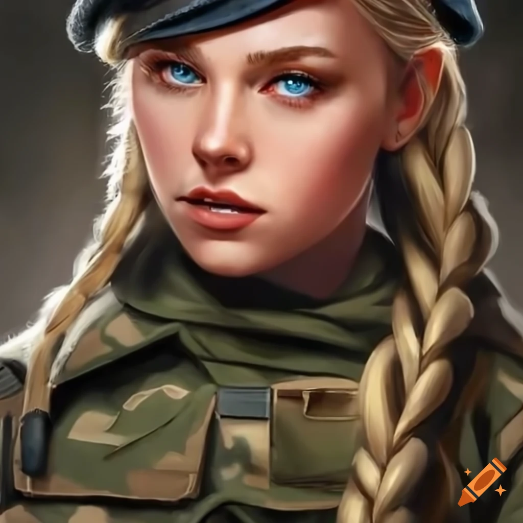 Female soldier with long blonde hair in boxer braids and a beret on Craiyon