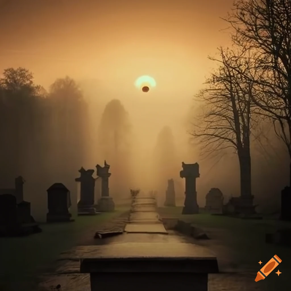 Cemetery scene bathed in tranquil sunrise light on Craiyon