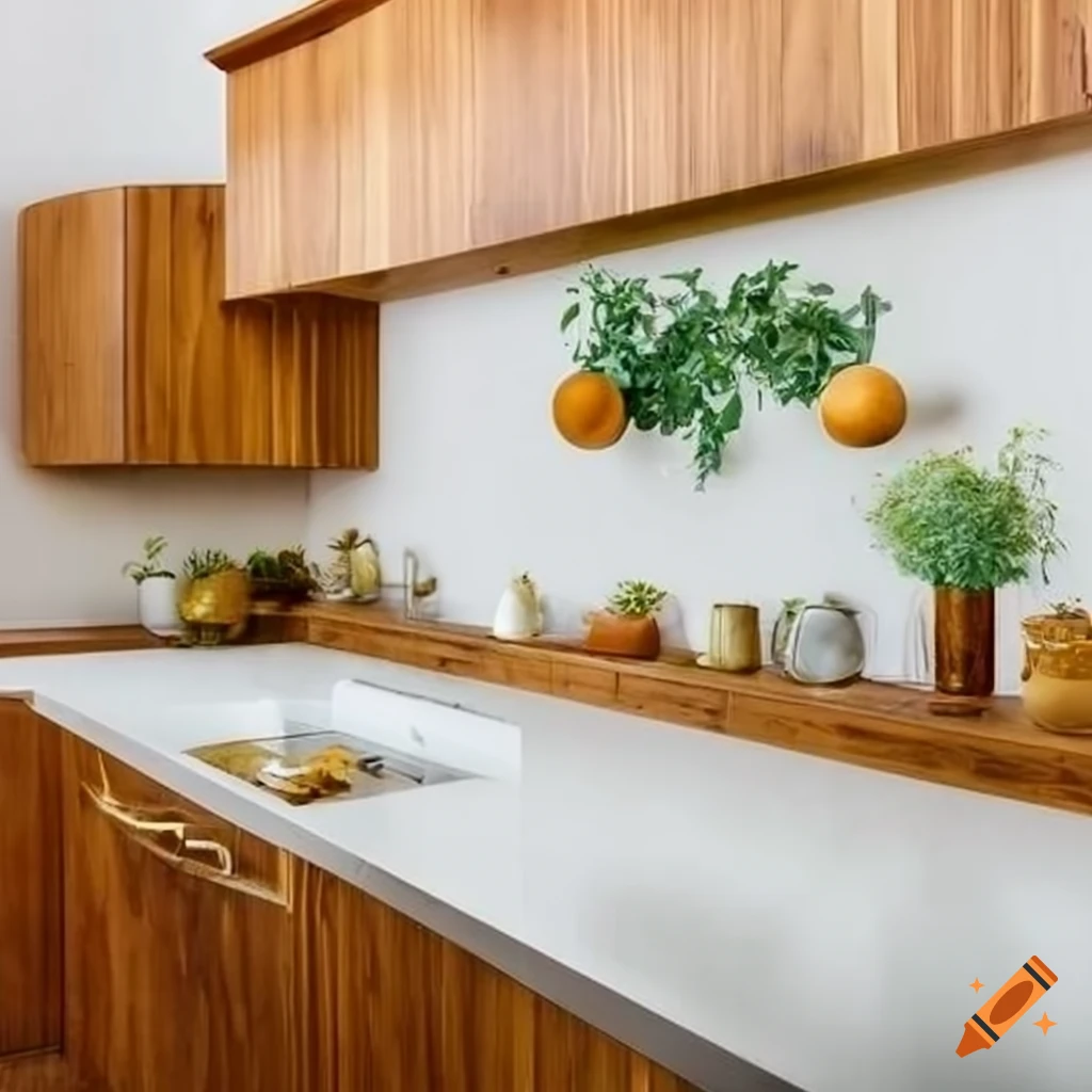 Creative white kitchen interior with organic shapes, acacia wood and ...
