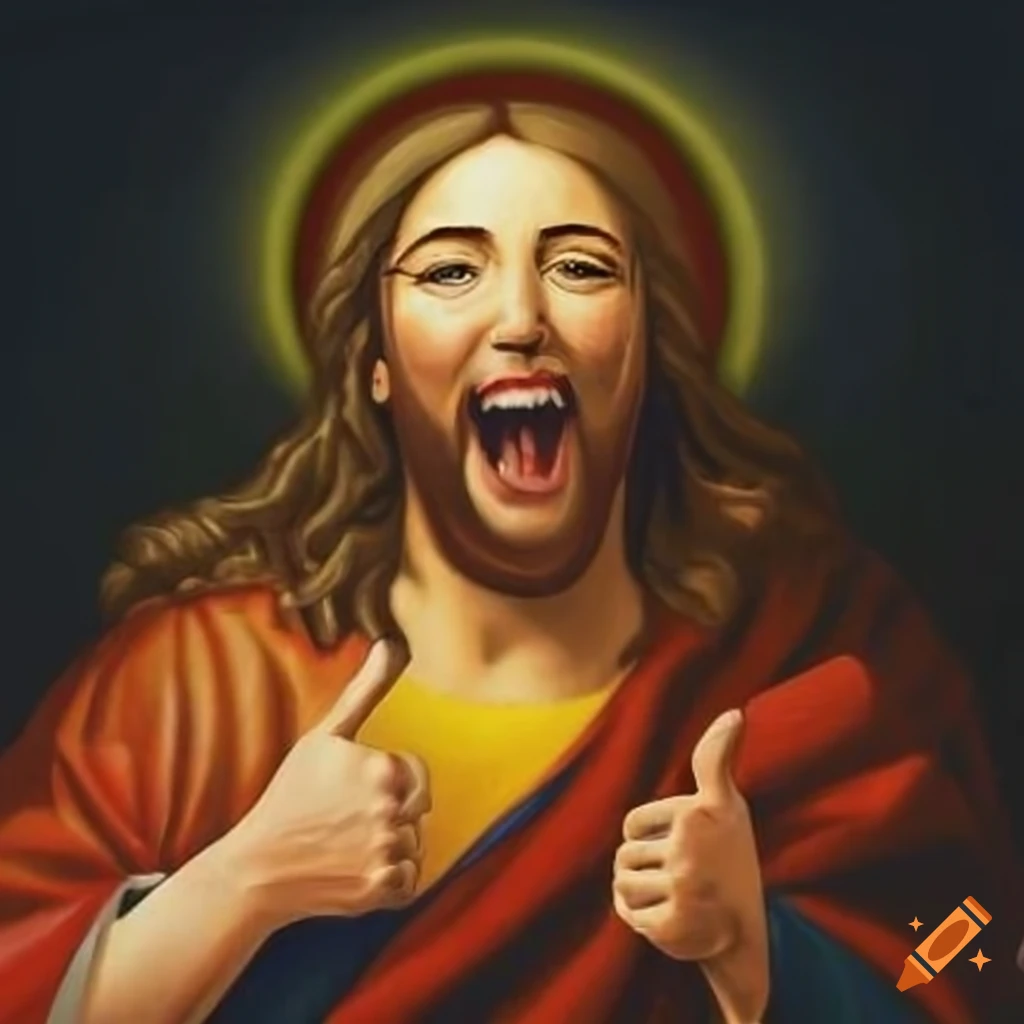 Cubism depiction of jesus laughing with thumbs up and pointing on Craiyon