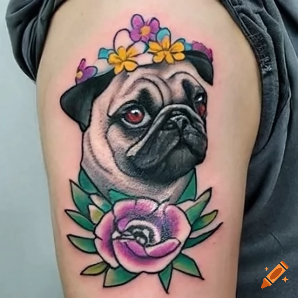 Pug wearing a flower crown tattoo on Craiyon