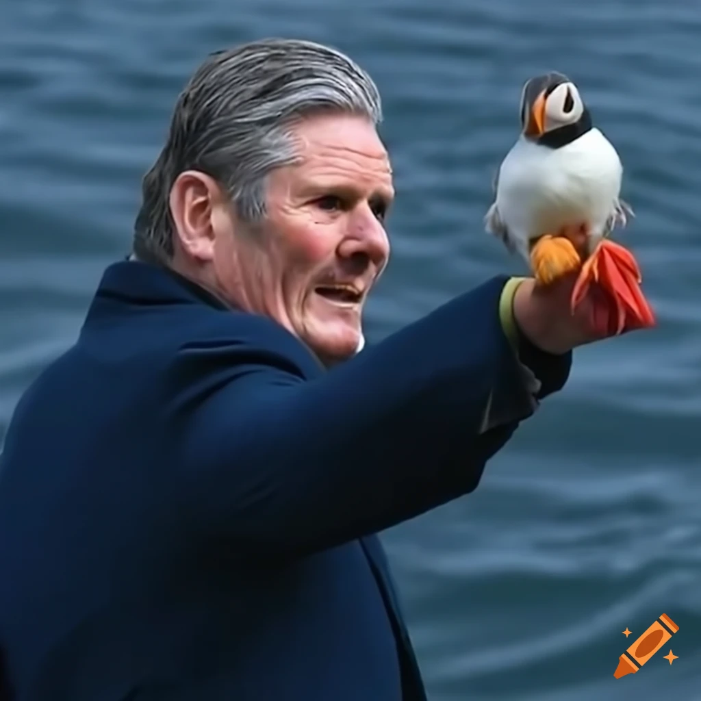 Keir starmer surrounded by angry puffins in a sad scene on Craiyon