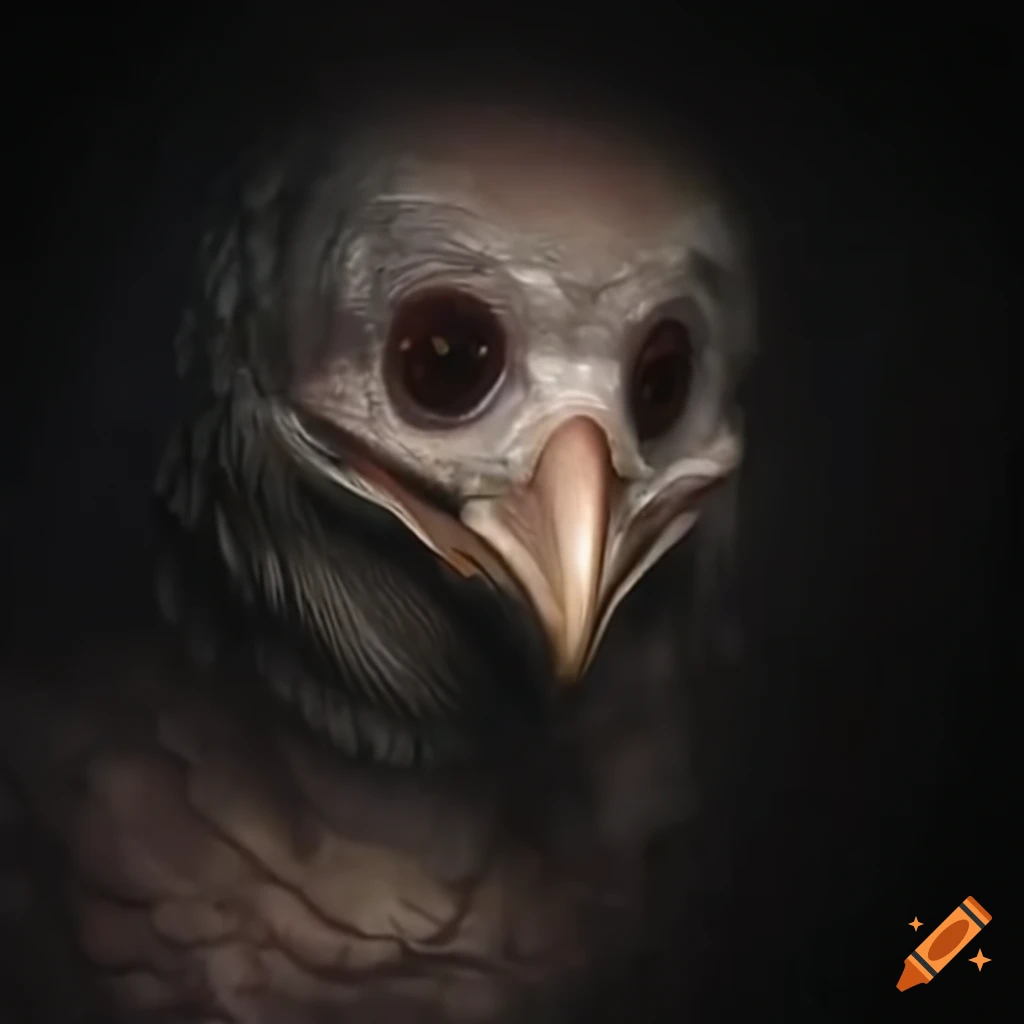 Creepy bird head peeking from dark corner on Craiyon