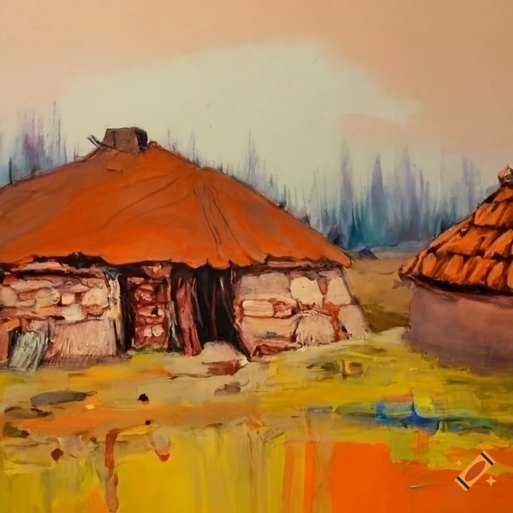 Rural savanna village with primitive clay brick huts decorated with ...