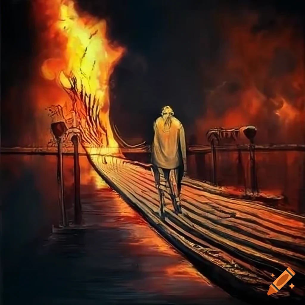 Artist's depiction of a burning bridge with a man walking away on Craiyon
