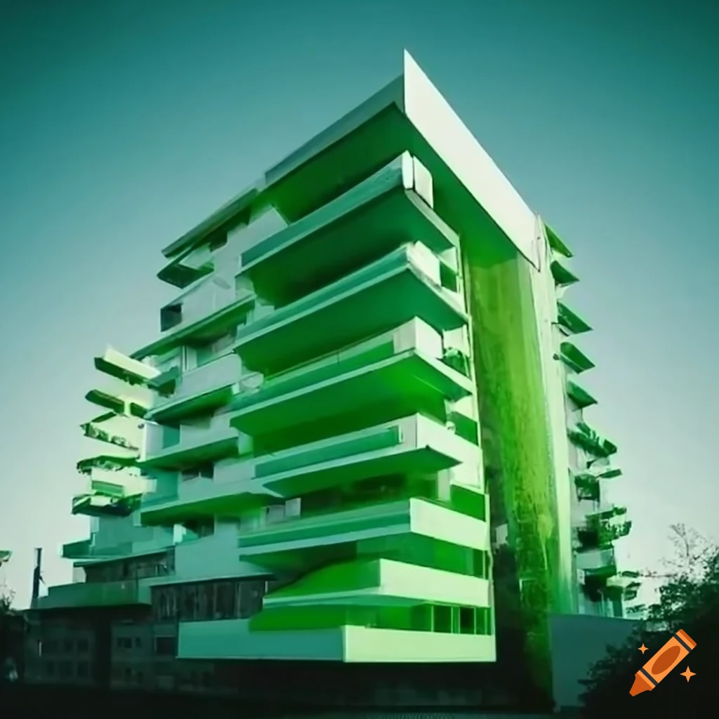 Modern white and green building with concrete balconies on Craiyon
