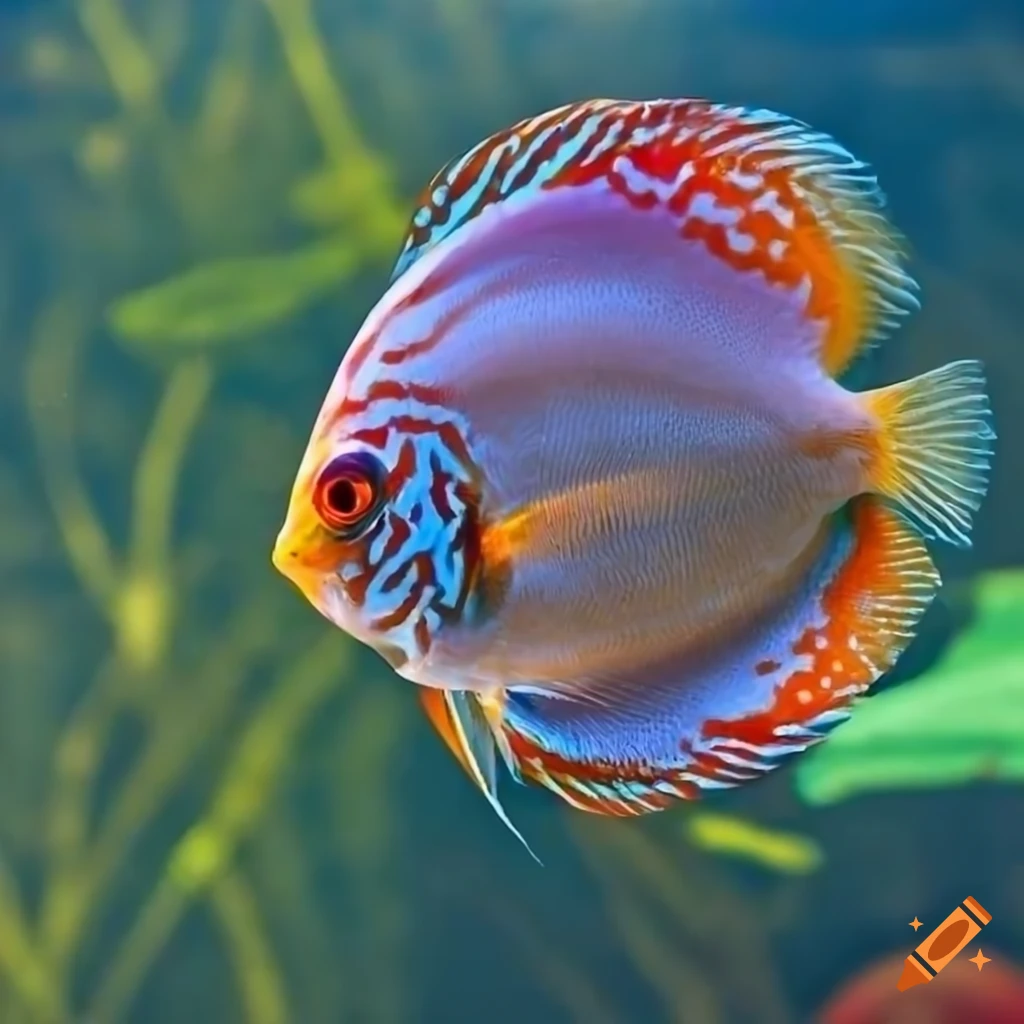 Yellow pigeon blood discus fish in a serene aquarium on Craiyon