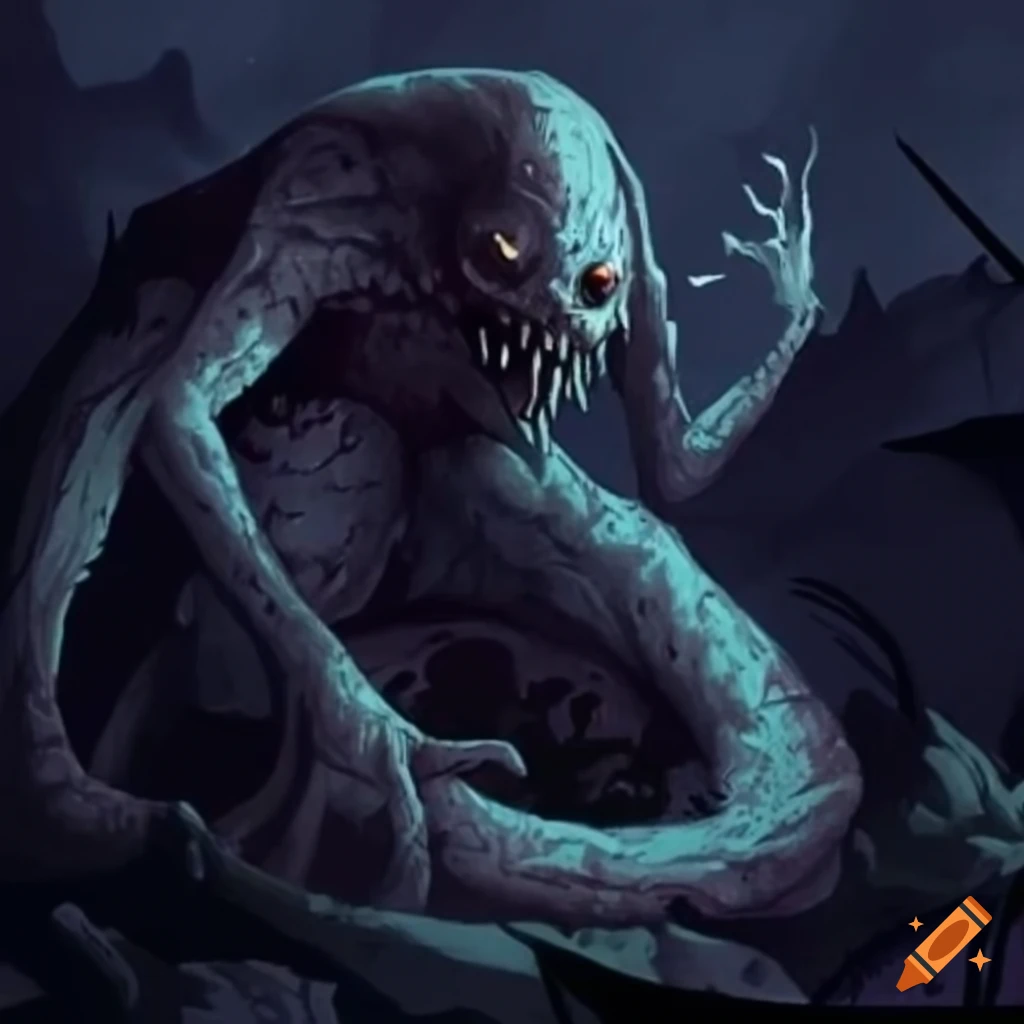 Horrible creature in dark pit in old-style line drawing on Craiyon