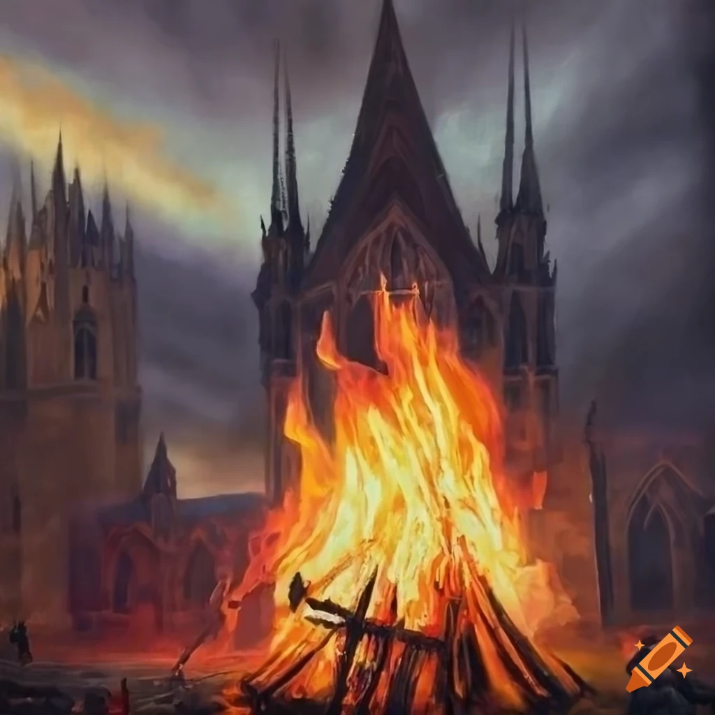 Detailed painting of a large bonfire in front of a gothic church on Craiyon