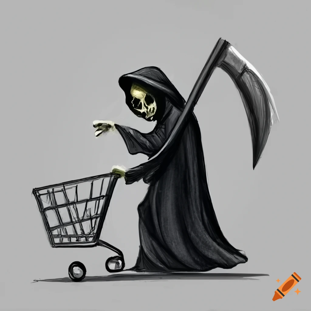 Grim reaper with a scythe pushing a shopping cart on Craiyon