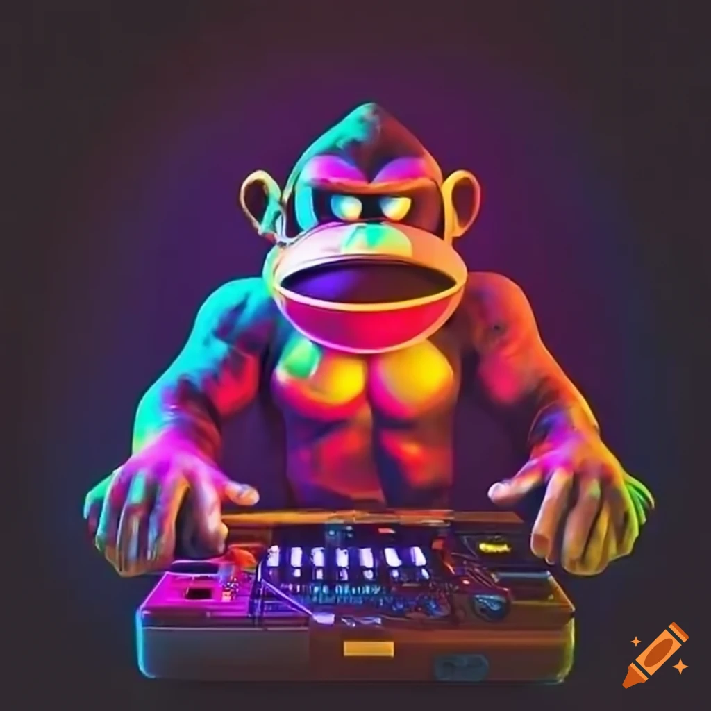 Funky dj donkey kong spinning records in vibrant neon lights on Craiyon