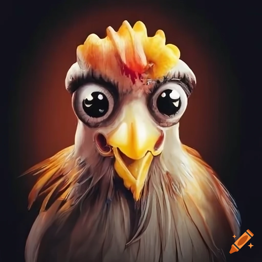 Chicken holding lemonade with big eyes and teeth in tim burton style on ...